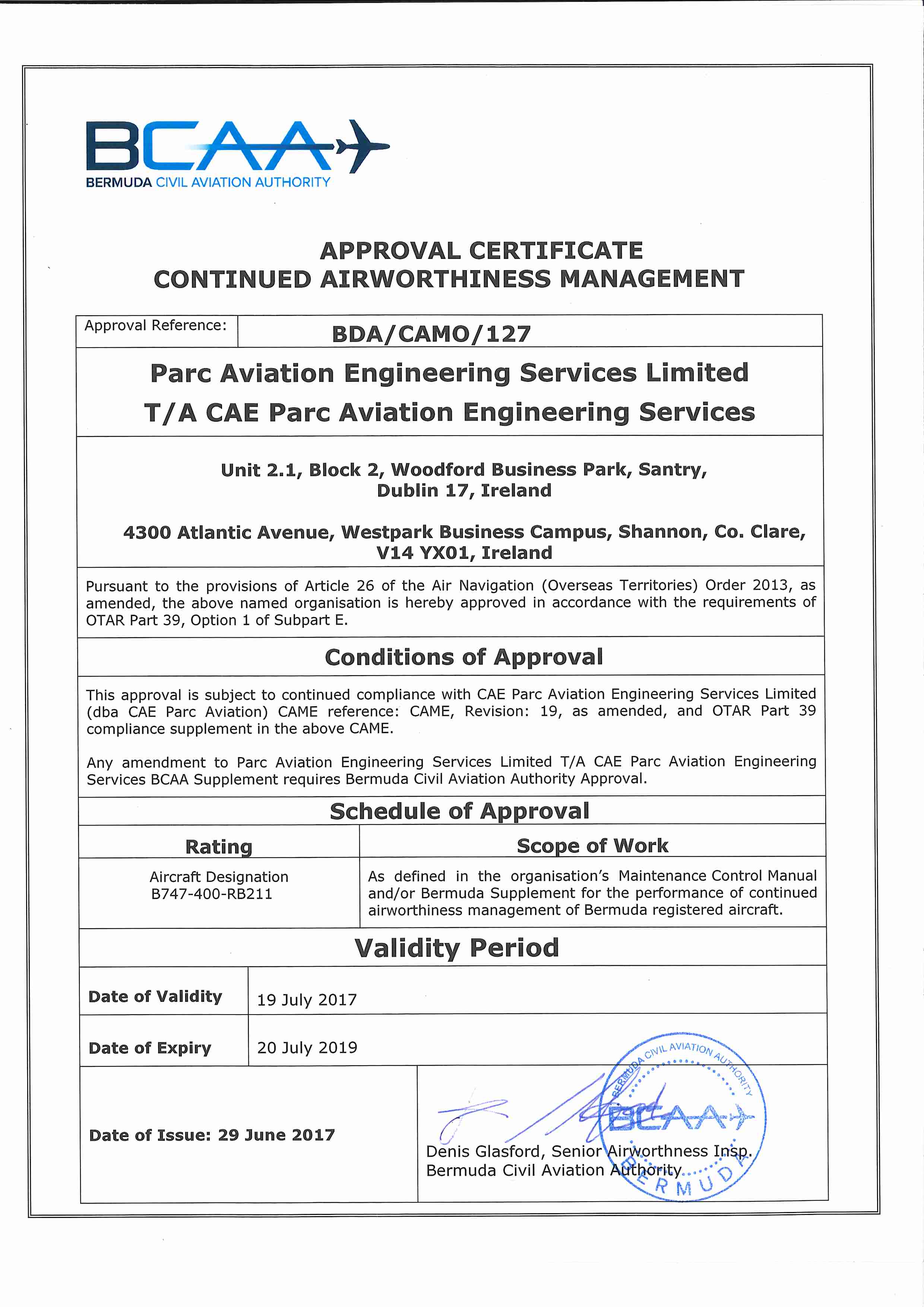 Bermudan CAMO Approval | CAE Parc Aviation